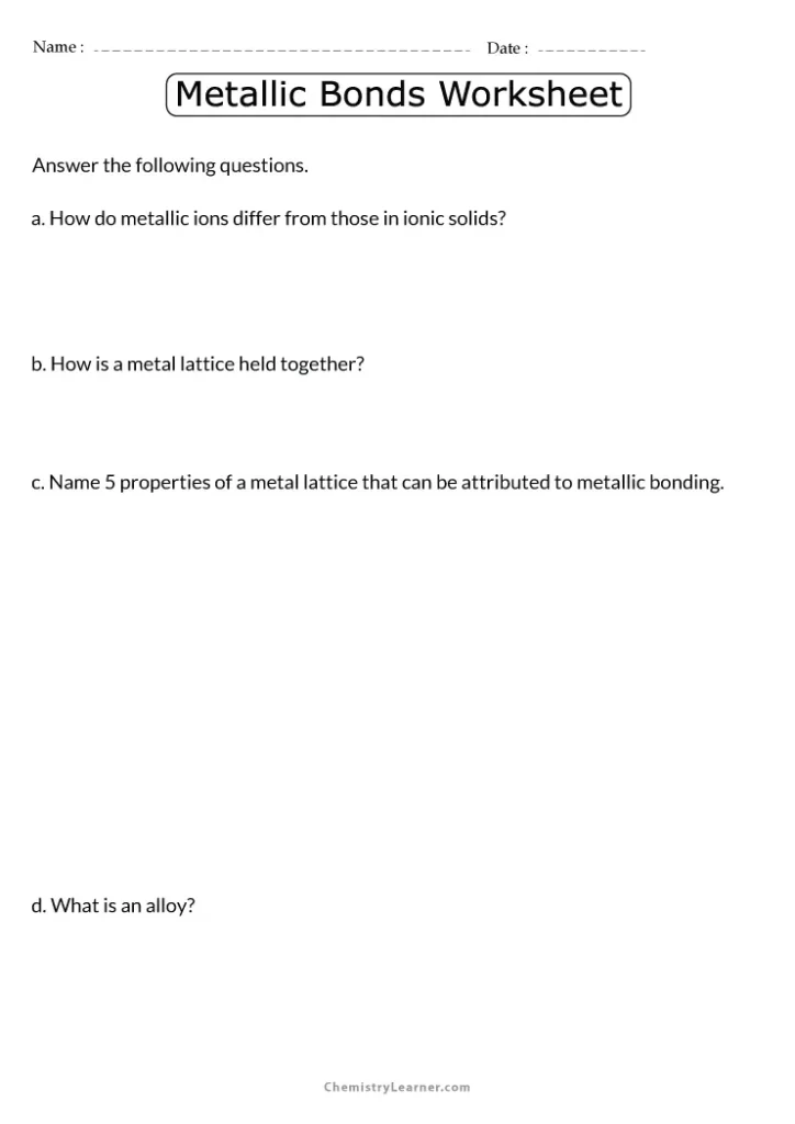 Free Printable Metallic Bonding Worksheets