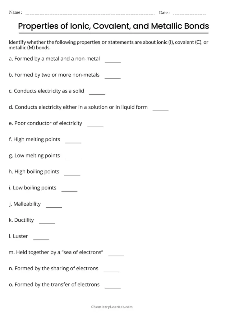 Free Printable Metallic Bonding Worksheets